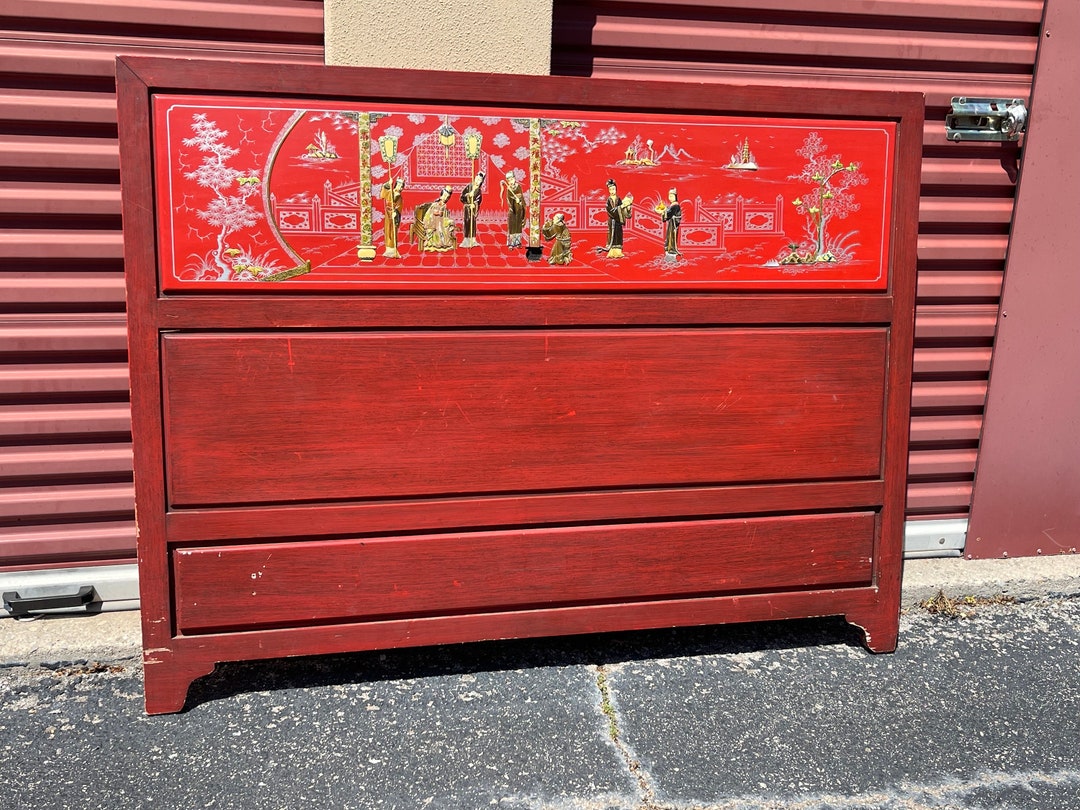Chinese Headboard Vintage Lacquer Wood Hollywood Regency, Chinoiserie ...