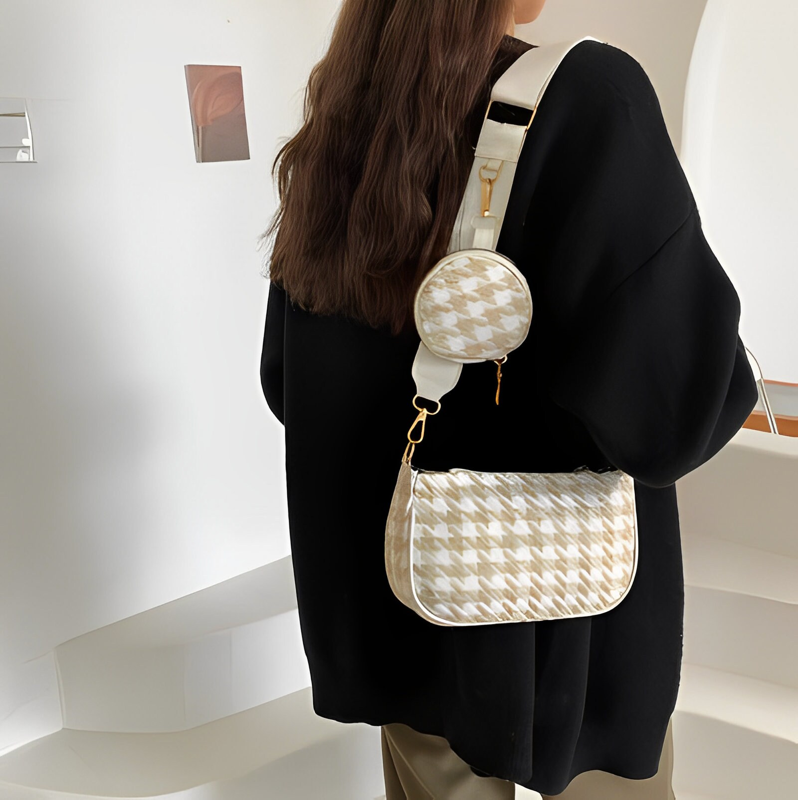 Soft Female Purse Vintage Plaid Print Shoulder Bag, Mini Round Purse ...