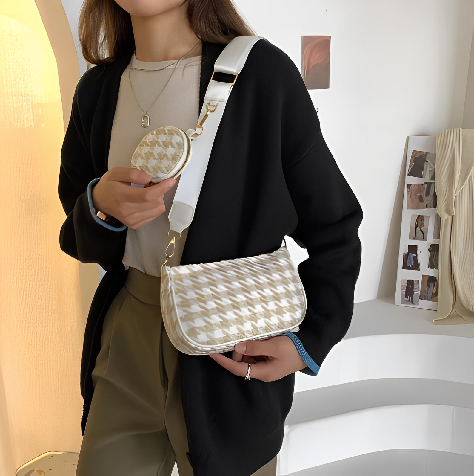 Soft Female Purse Vintage Plaid Print Shoulder Bag, Mini Round Purse ...