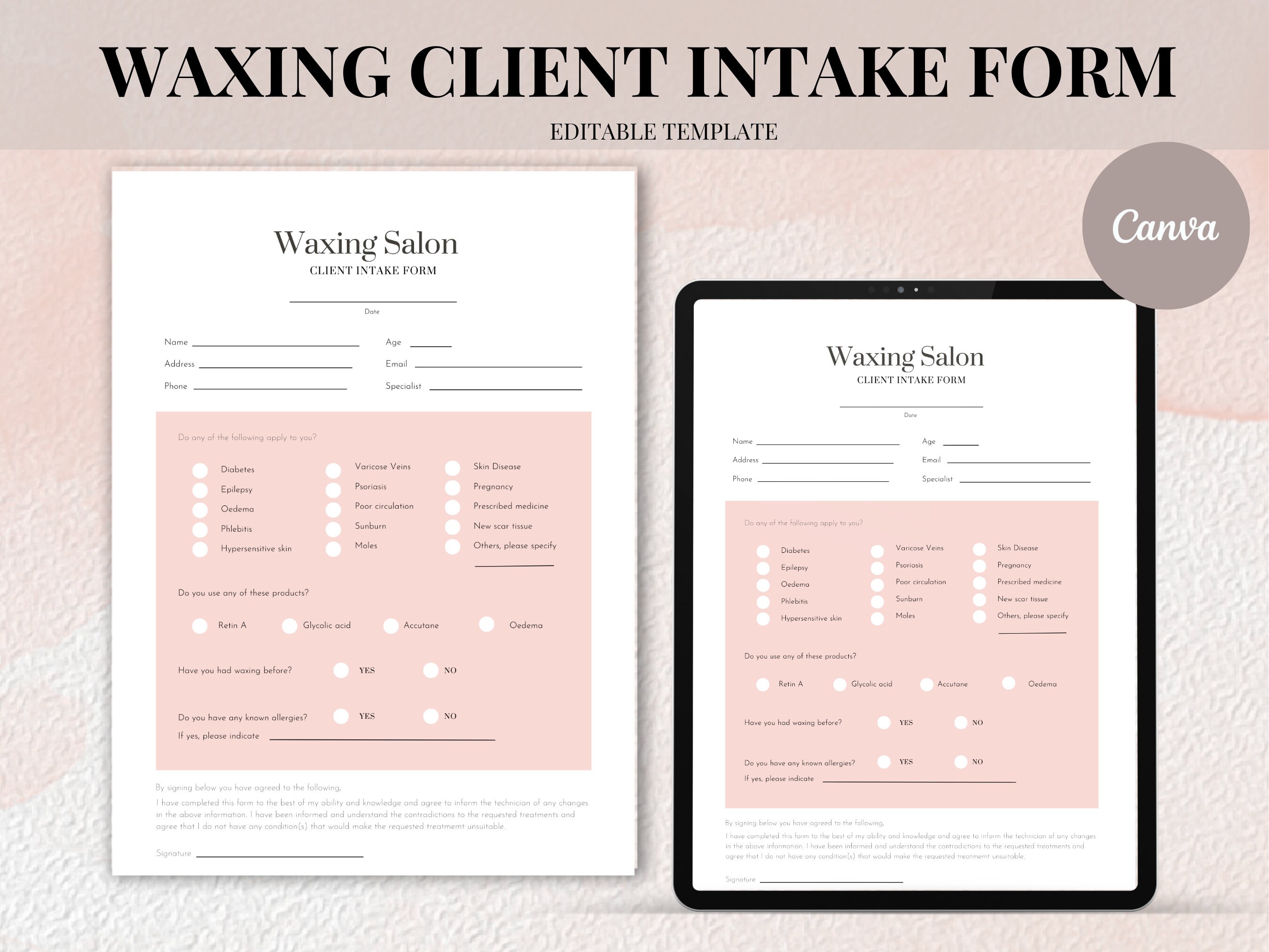 Editable Waxing Treatment Forms Editable, Waxing Client Intake Form ...