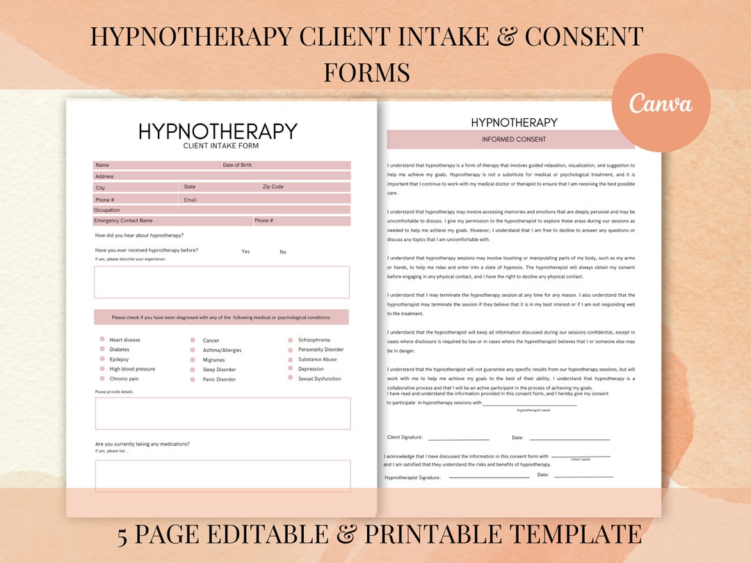 Hypnotherapy Intake Form Hypnotherapy Consent Form Hypnosis - Etsy
