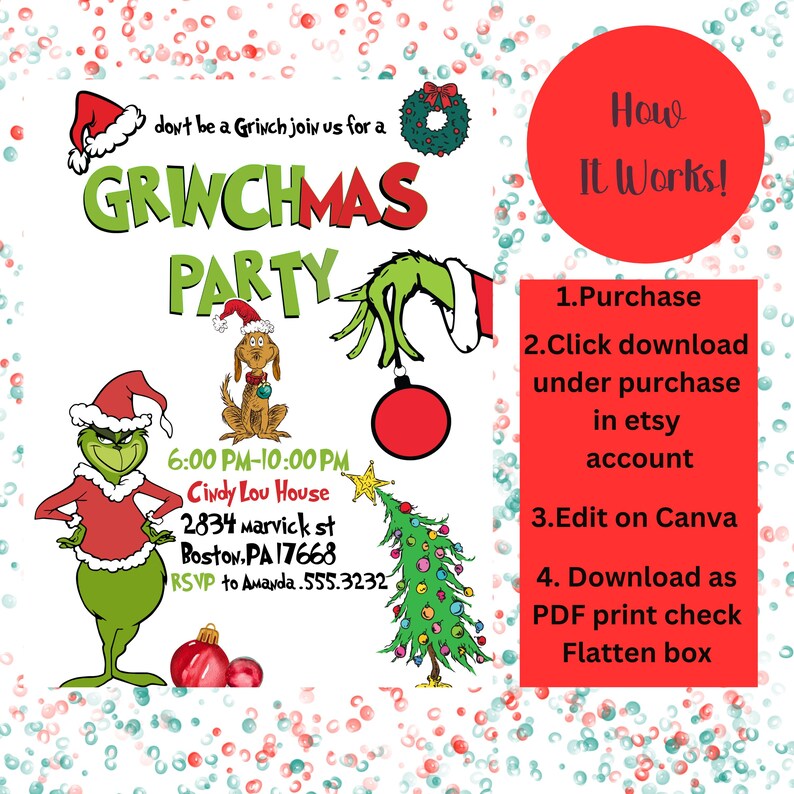 Editable Canva Grinch and Max Party Invitation Template, Grinch Digital ...