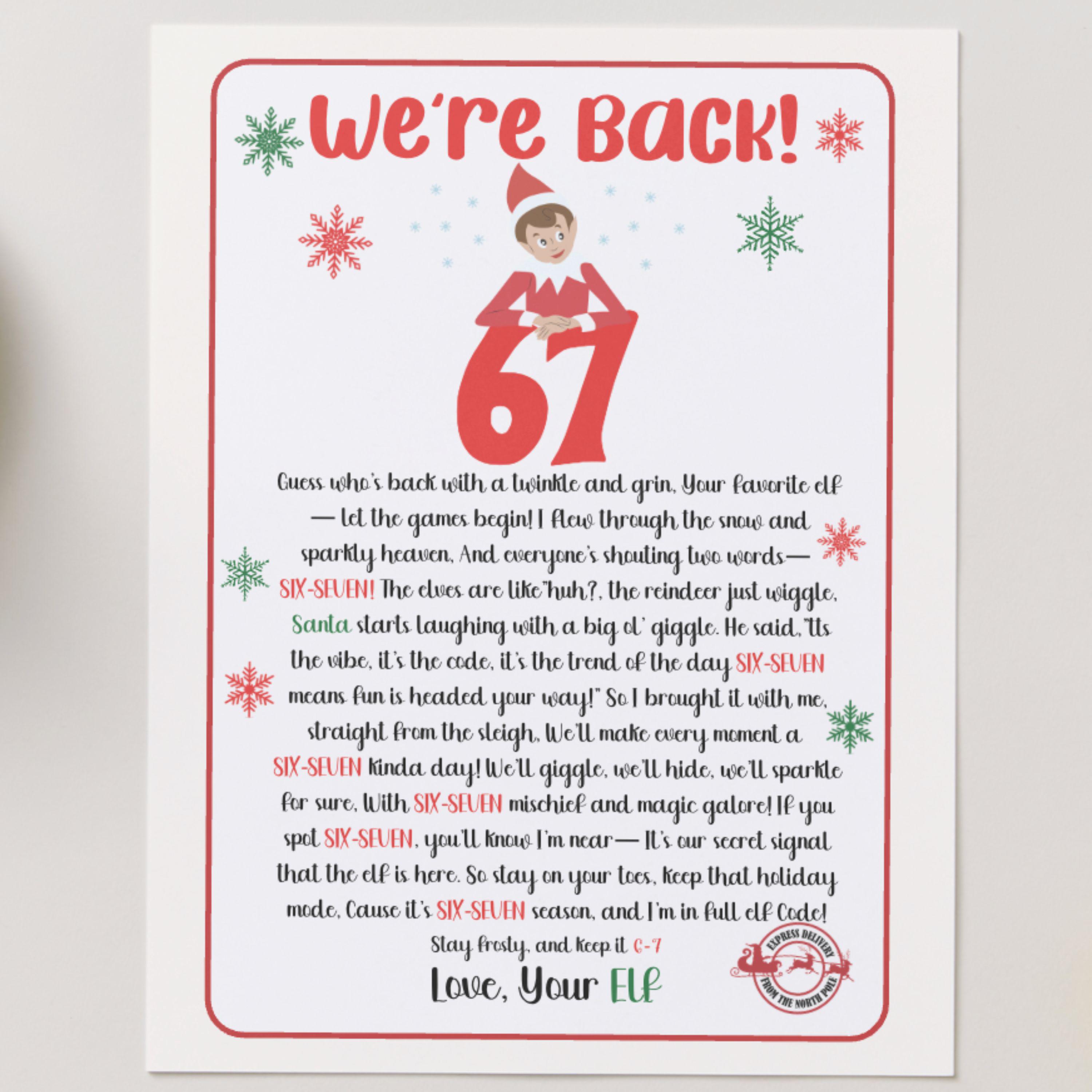 Elf 67 Arrival Letter, Six Seven Trending Meme, I'm Back Elves Letter ...