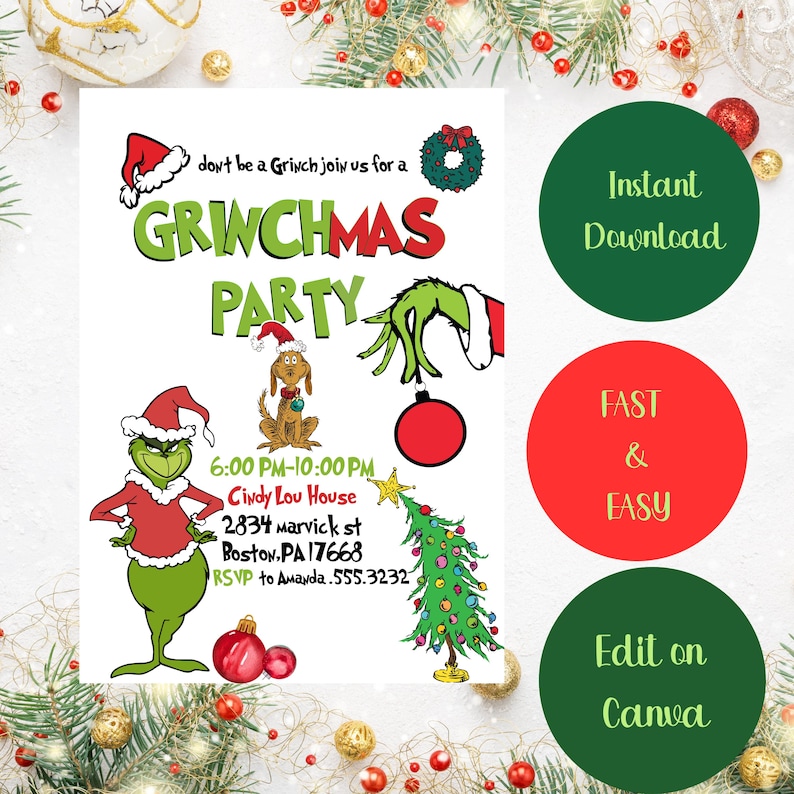 Editable Canva Grinch and Max Party Invitation Template, Grinch Digital ...