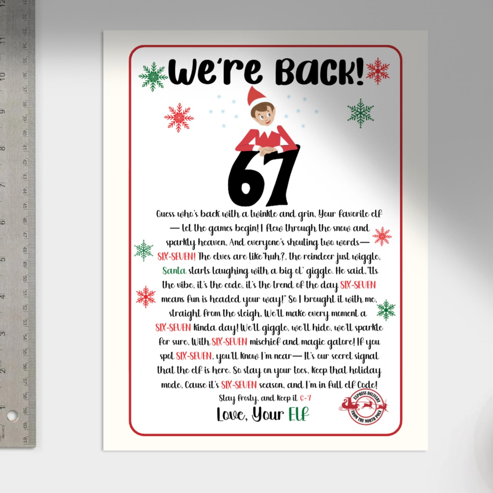 Elf 67 Arrival Letter, Six Seven Trending Meme, I'm Back Elves Letter ...