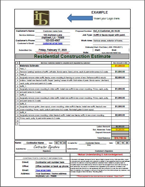 Contractor Proposal; Contractor Estimate; Job Proposal - Etsy
