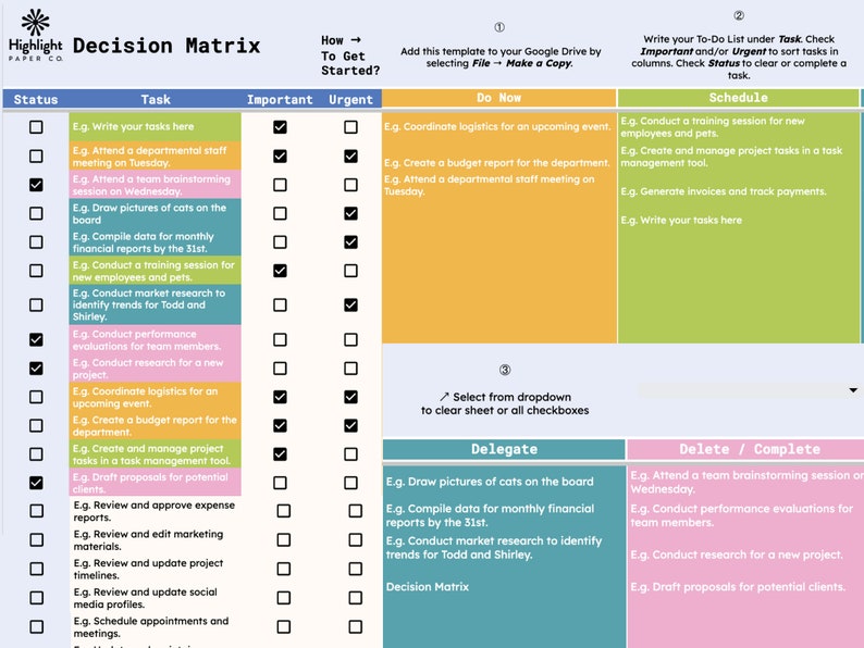 Eisenhower Decision Matrix rainbow: Google Sheet Template, Digital ADHD ...