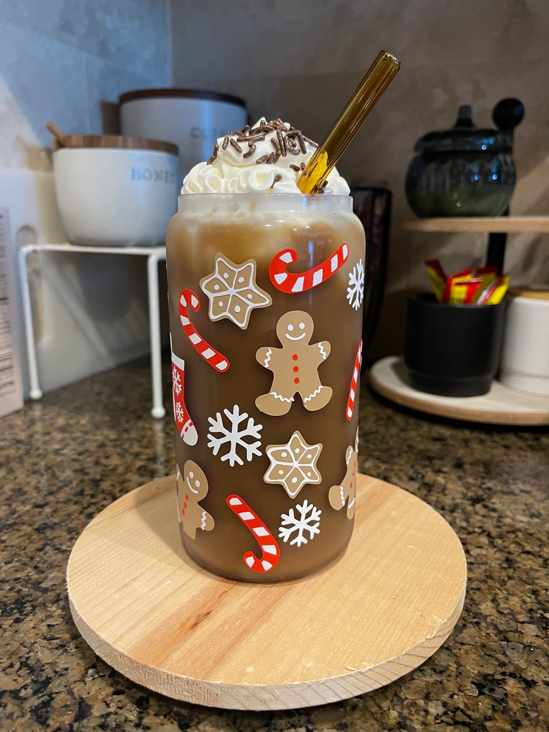 Gingerbread Man Coffee Glass: Christmas Theme 16oz Iced Coffee Cup - Etsy