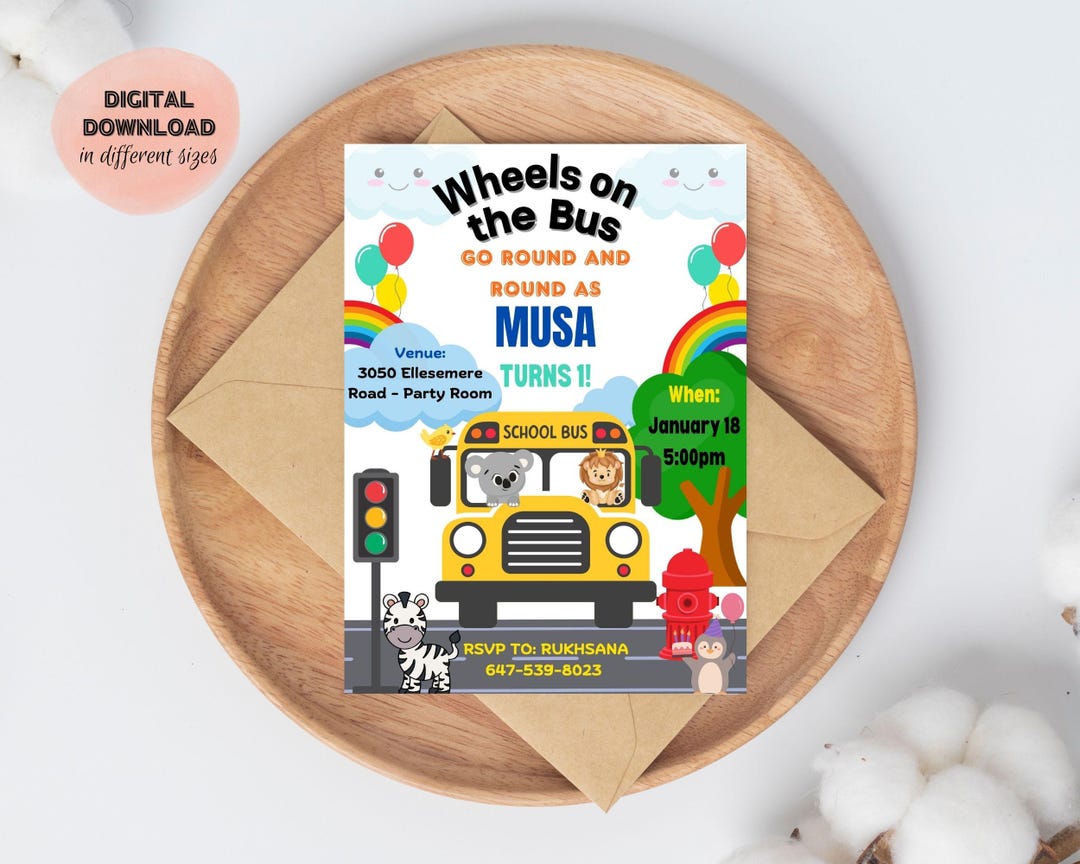 Editable Wheels on the Bus Birthday Invitation | Canva Template ...