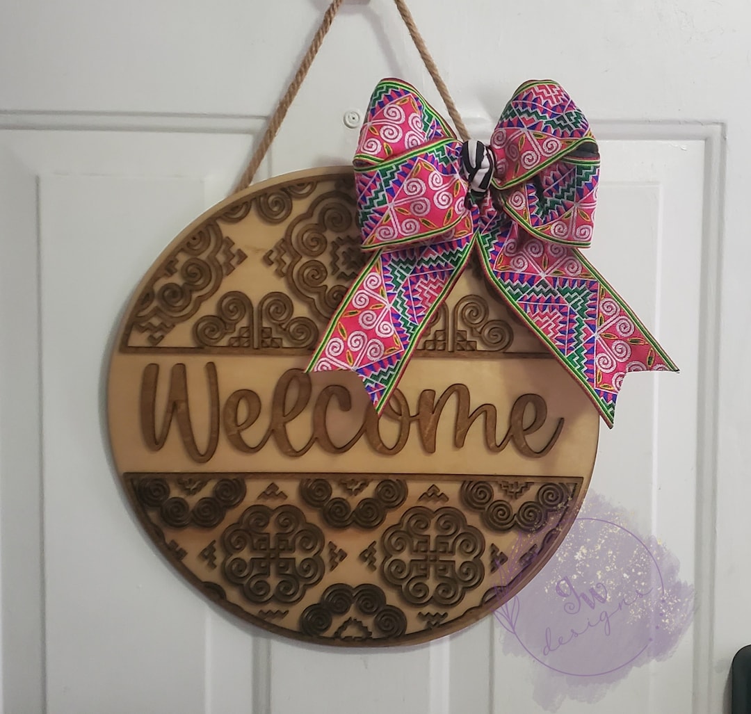Wooden Hmong Print Welcome Sign | Hmong Print Door Sign | Hmong Print ...