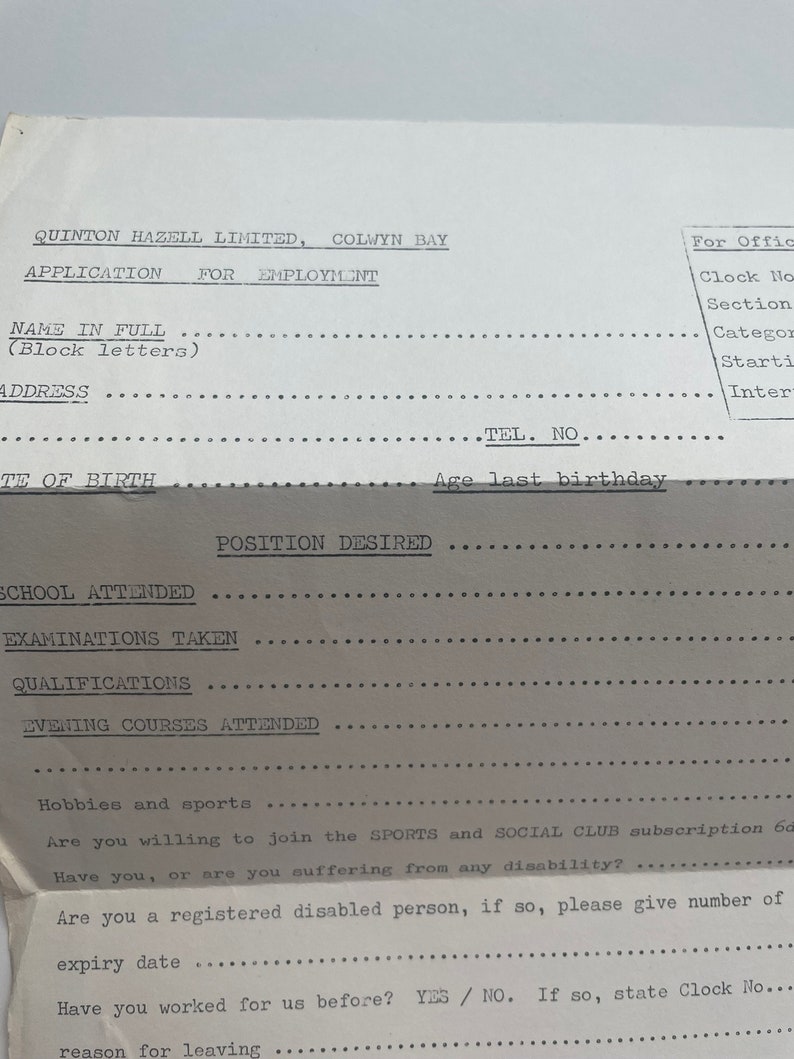 Vintage Application for Employment | Colwyn Bay | Typewriter Typed Job ...
