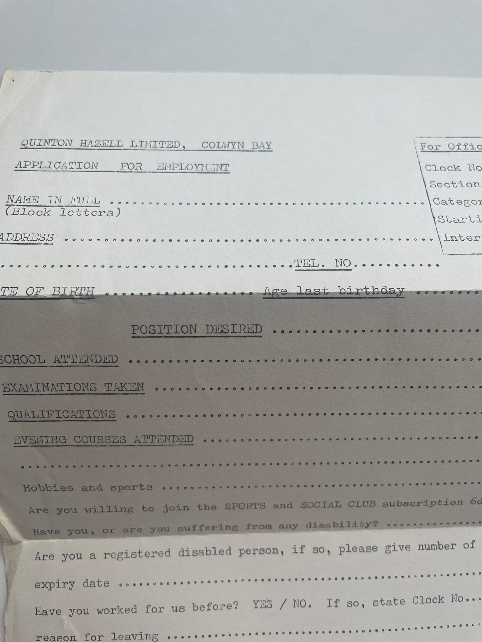 Vintage Application for Employment | Colwyn Bay | Typewriter Typed Job ...