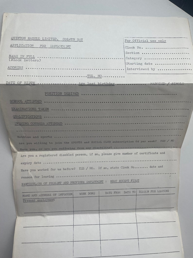 Vintage Application for Employment | Colwyn Bay | Typewriter Typed Job ...