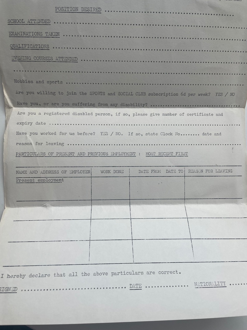 Vintage Application for Employment | Colwyn Bay | Typewriter Typed Job ...