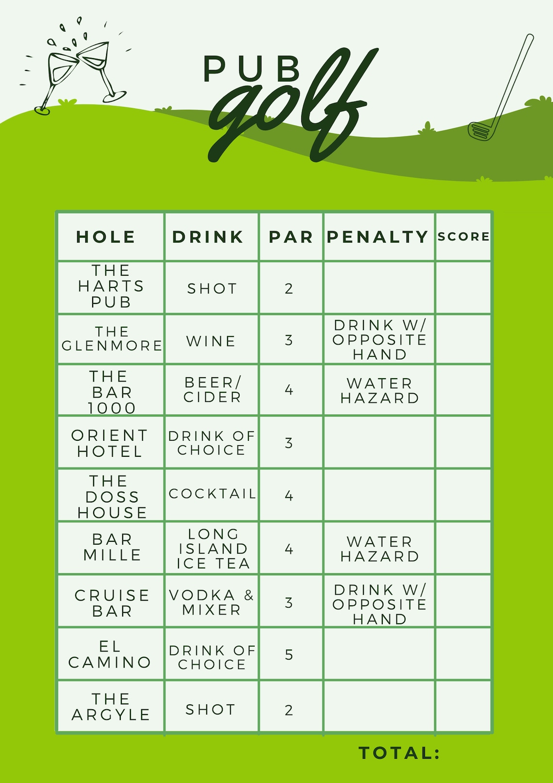 Pub Golf Score Card - Etsy