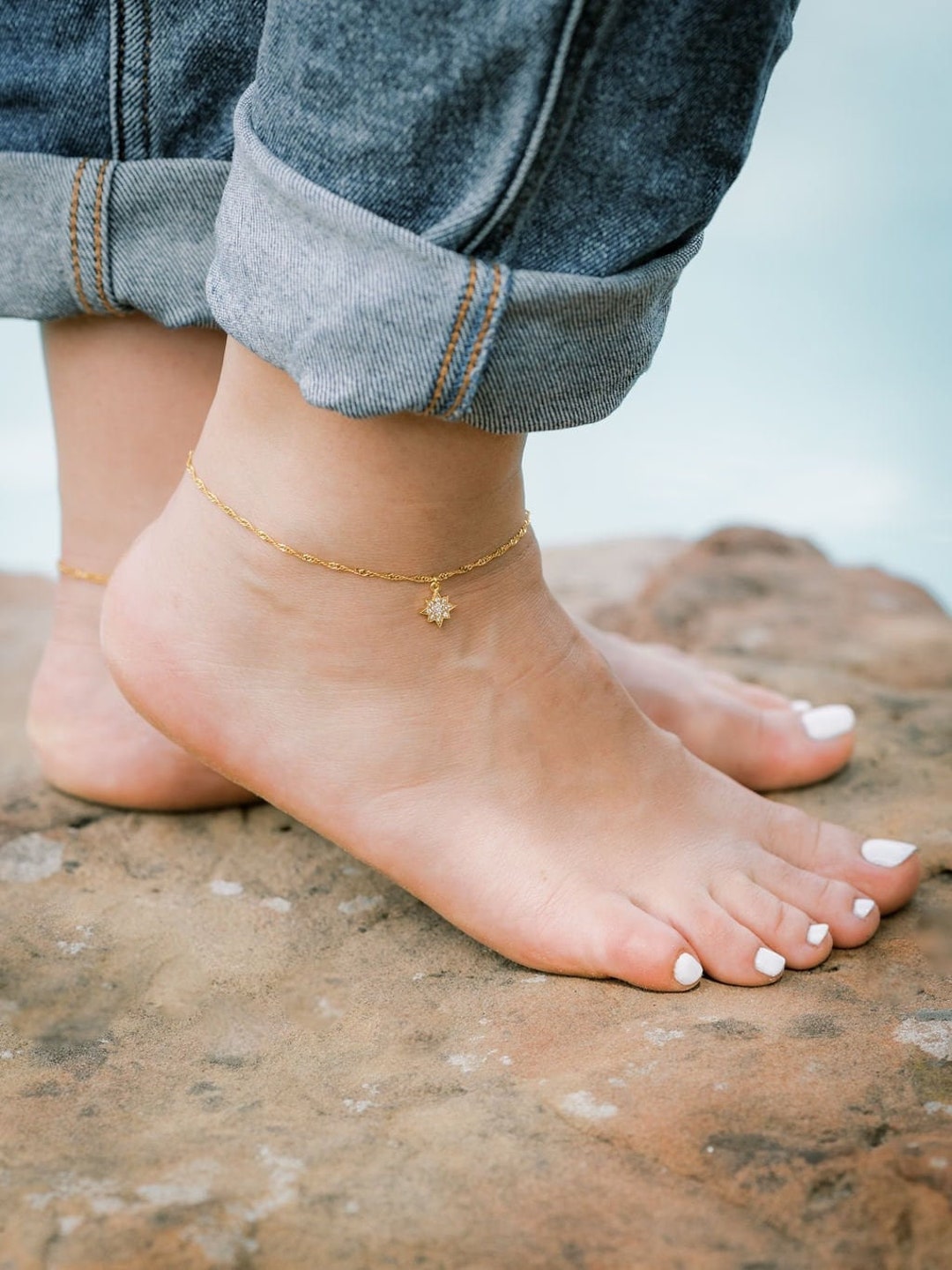 Anti Tarnish 24K Gold Plated North Star Anklet, Minima List Gold Anklet ...