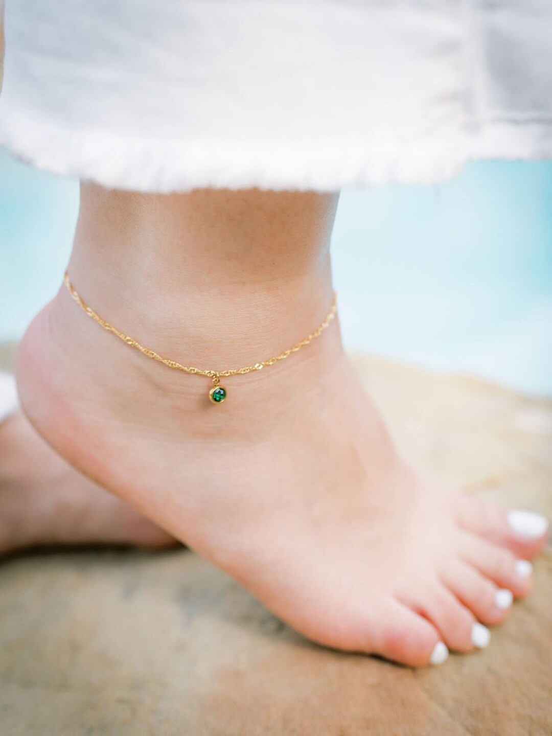 Anti Tarnish 24K Gold Tiny Stone Anklet, Dainty Gold Anklet Bracelet ...