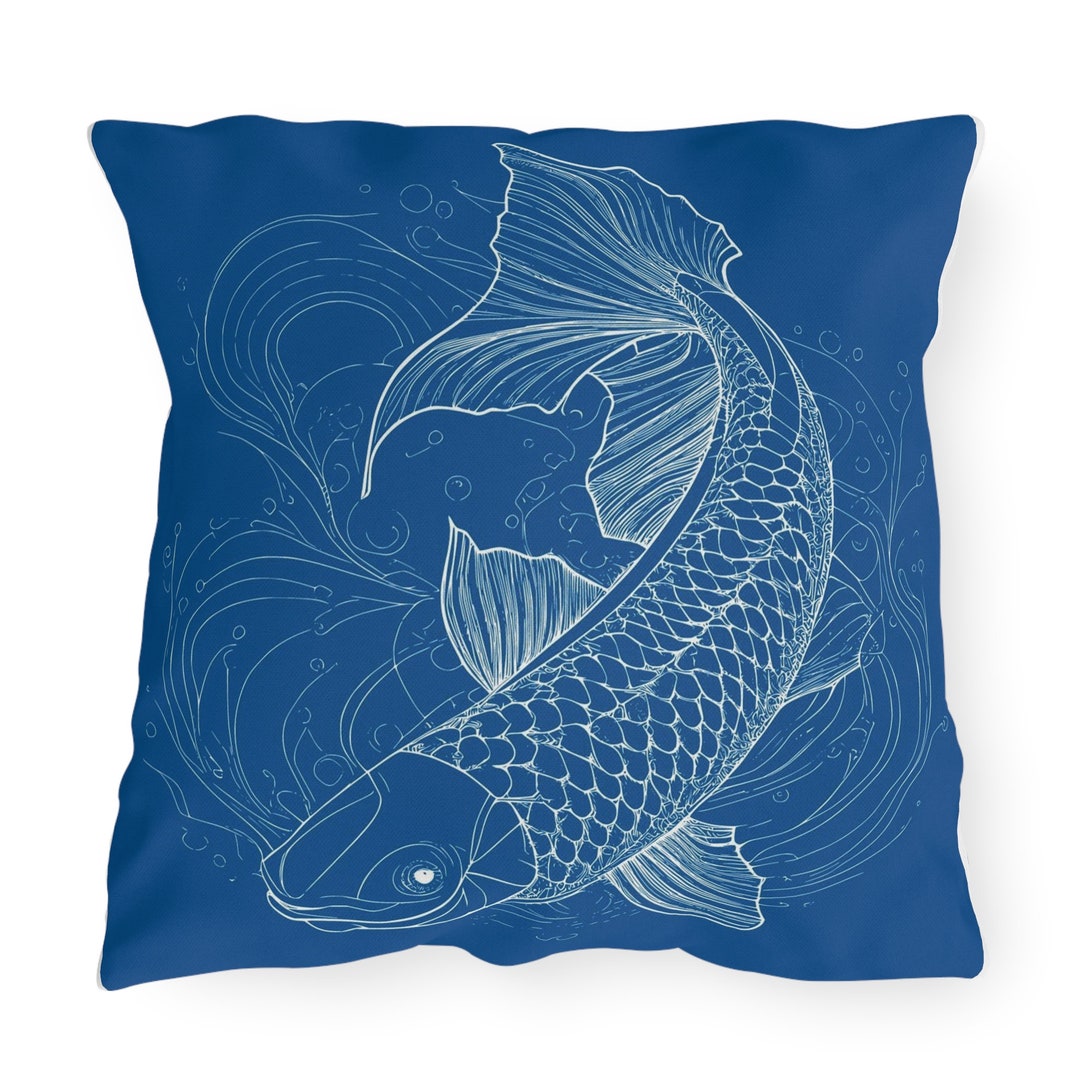 Blue and White Fish Print Outdoor Pillows - Etsy