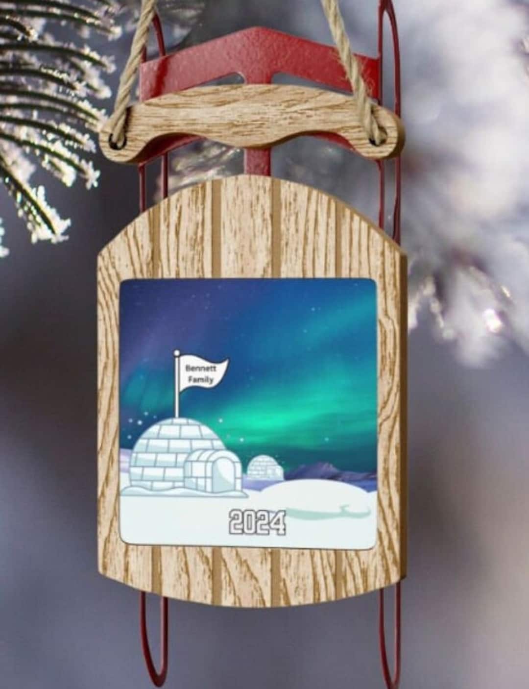 Igloo Northern Lights Christmas Tree Ornament, Personalized Family Name ...