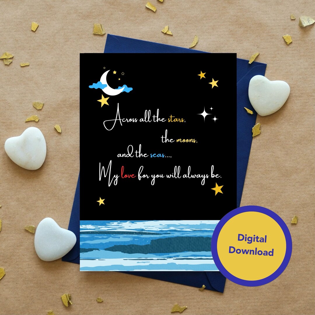Card for a Lover - Romantic, Printable Moon / Stars / Sea Love Card ...