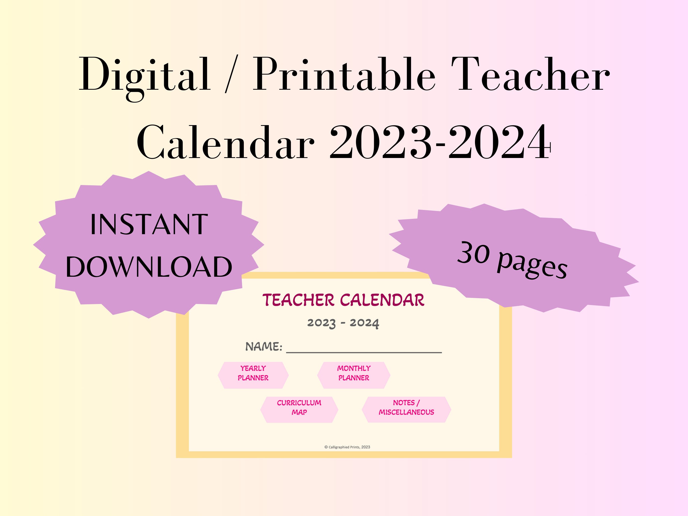 Digital Printable Teacher Calendar 2023-24 Planner for - Etsy