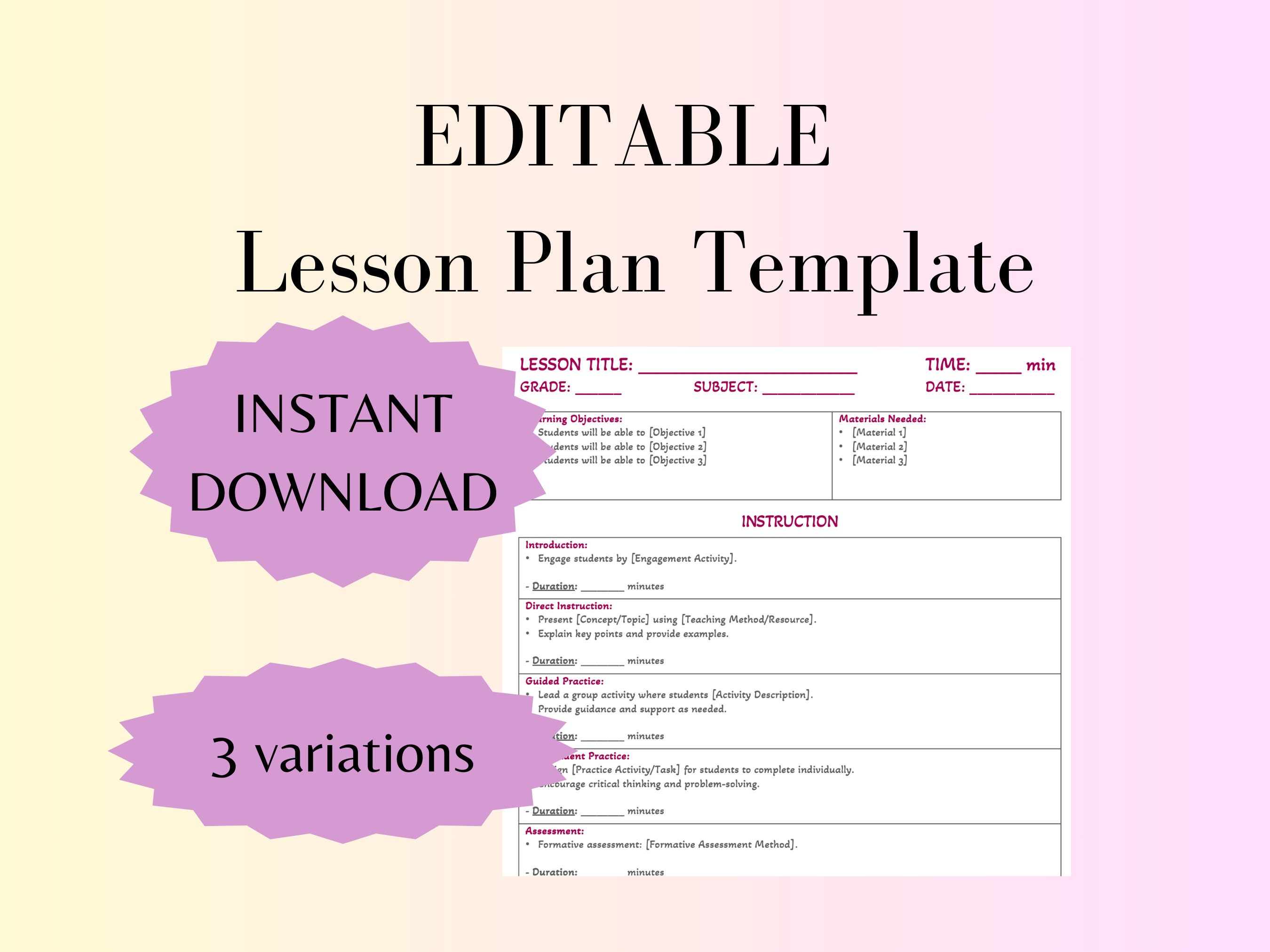 Editable Printable Lesson Plan Template Customize in - Etsy Israel