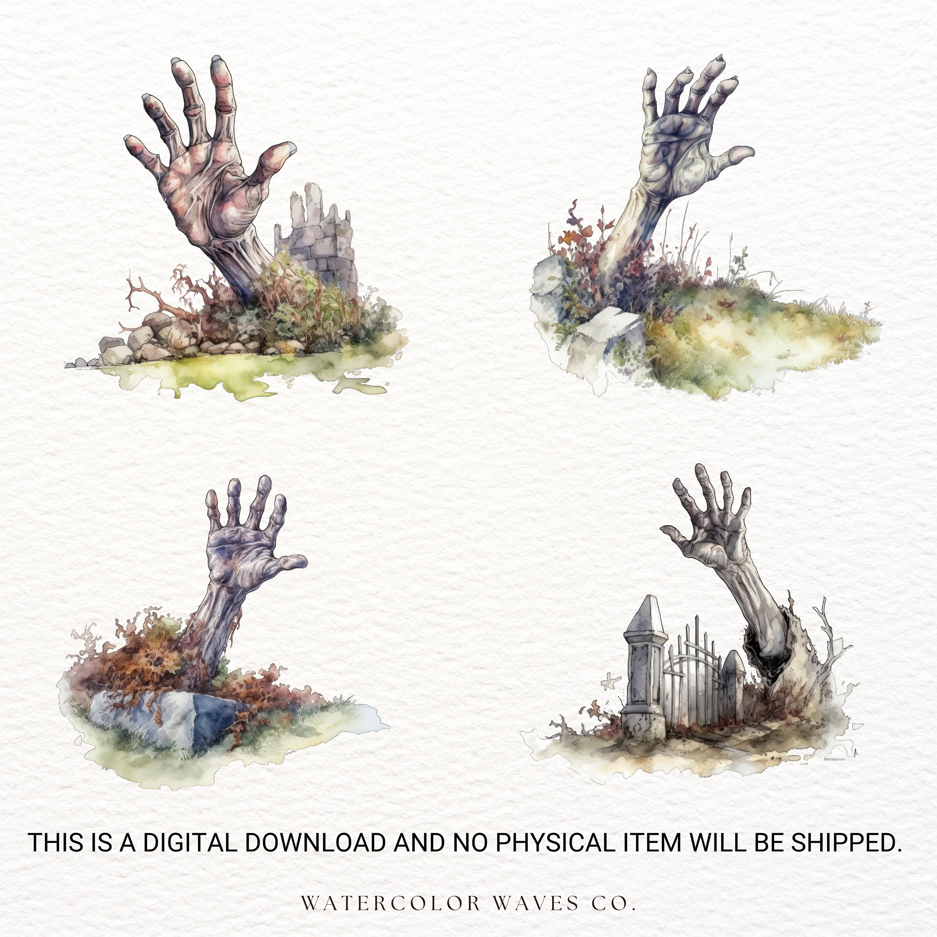 Zombie Hand Clipart | Watercolor Halloween Graveyard PNG | Digital ...
