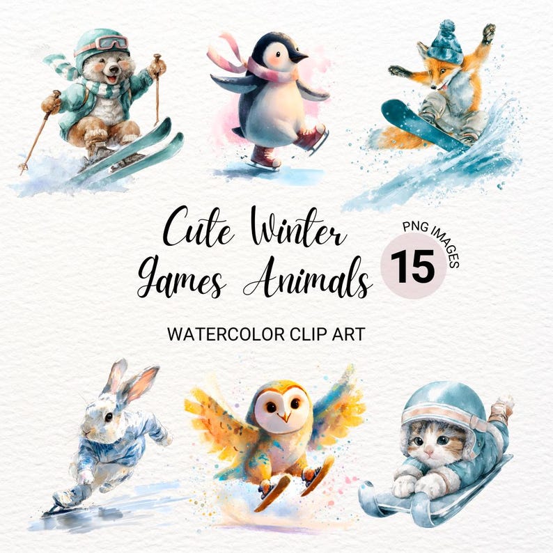 Cute Winter Games Animals | PNG Watercolor Bundle | International ...