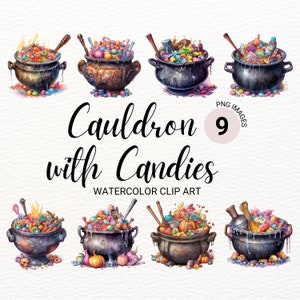 Cauldron With Candy Clipart | Watercolor Halloween PNG | Junk Journal ...