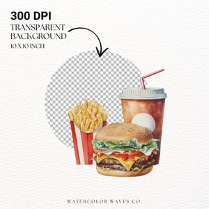 Watercolor Fast Food Clipart | Burger and French Fries Clipart | Kawaii ...