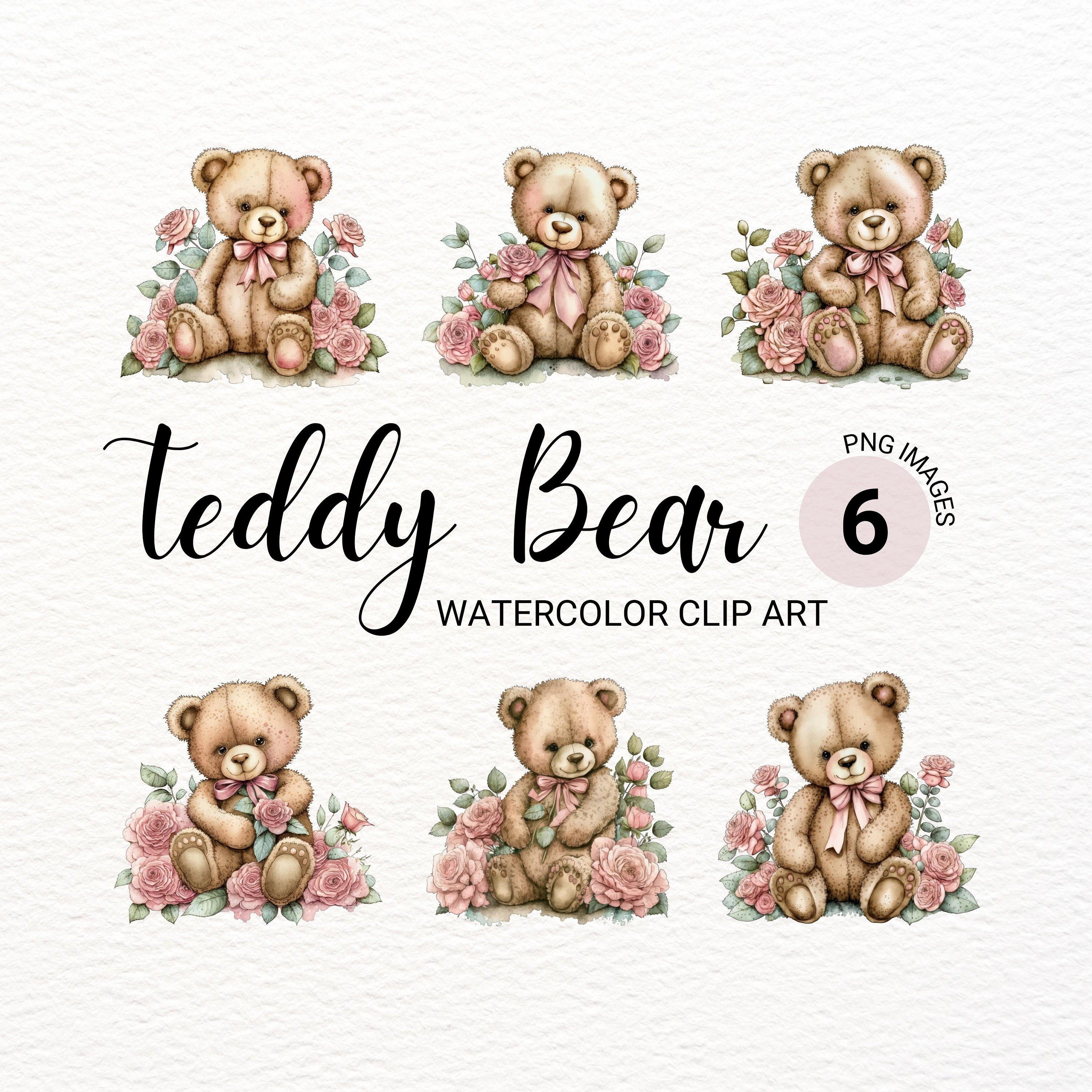 Teddy Bear With Roses Clipart | Watercolor Bear PNG | Nursery Wall Art ...