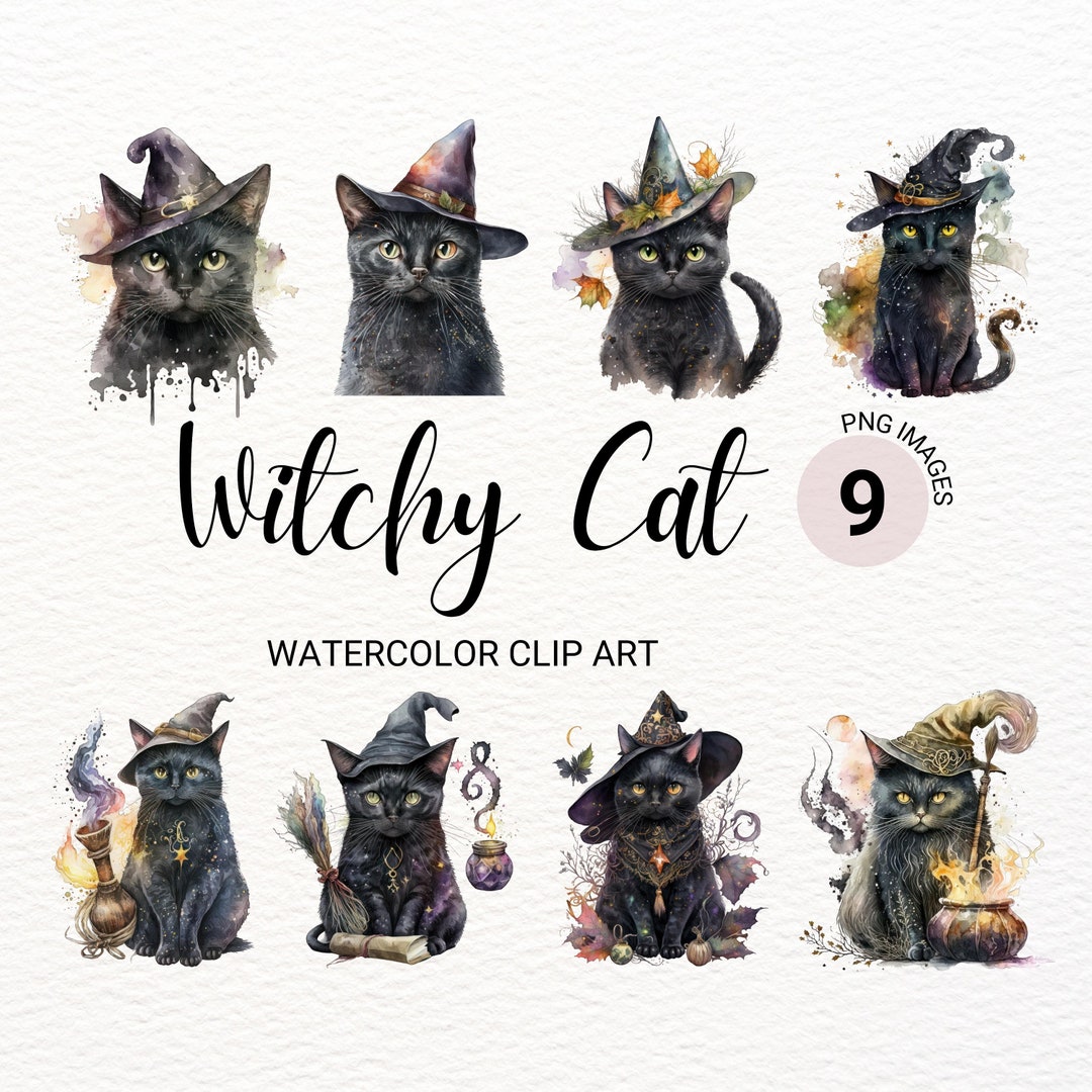 Witchy Cat Clipart Bundle | Watercolor Halloween Cat PNG | Spooky ...
