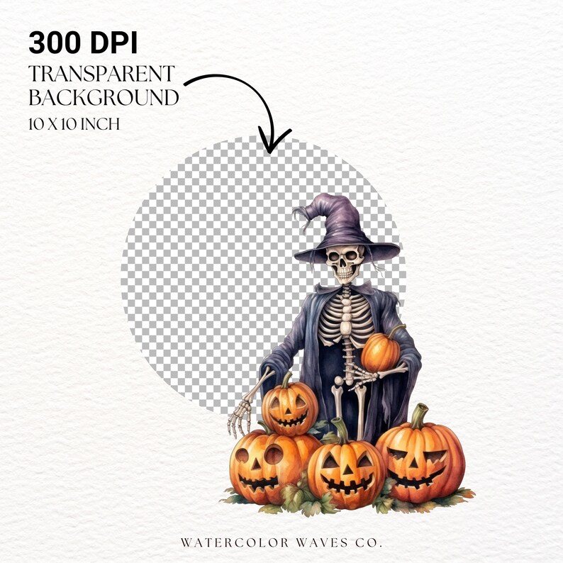 Spooky Skeleton Clipart | Watercolor Halloween PNG | Pumpkin Clipart ...