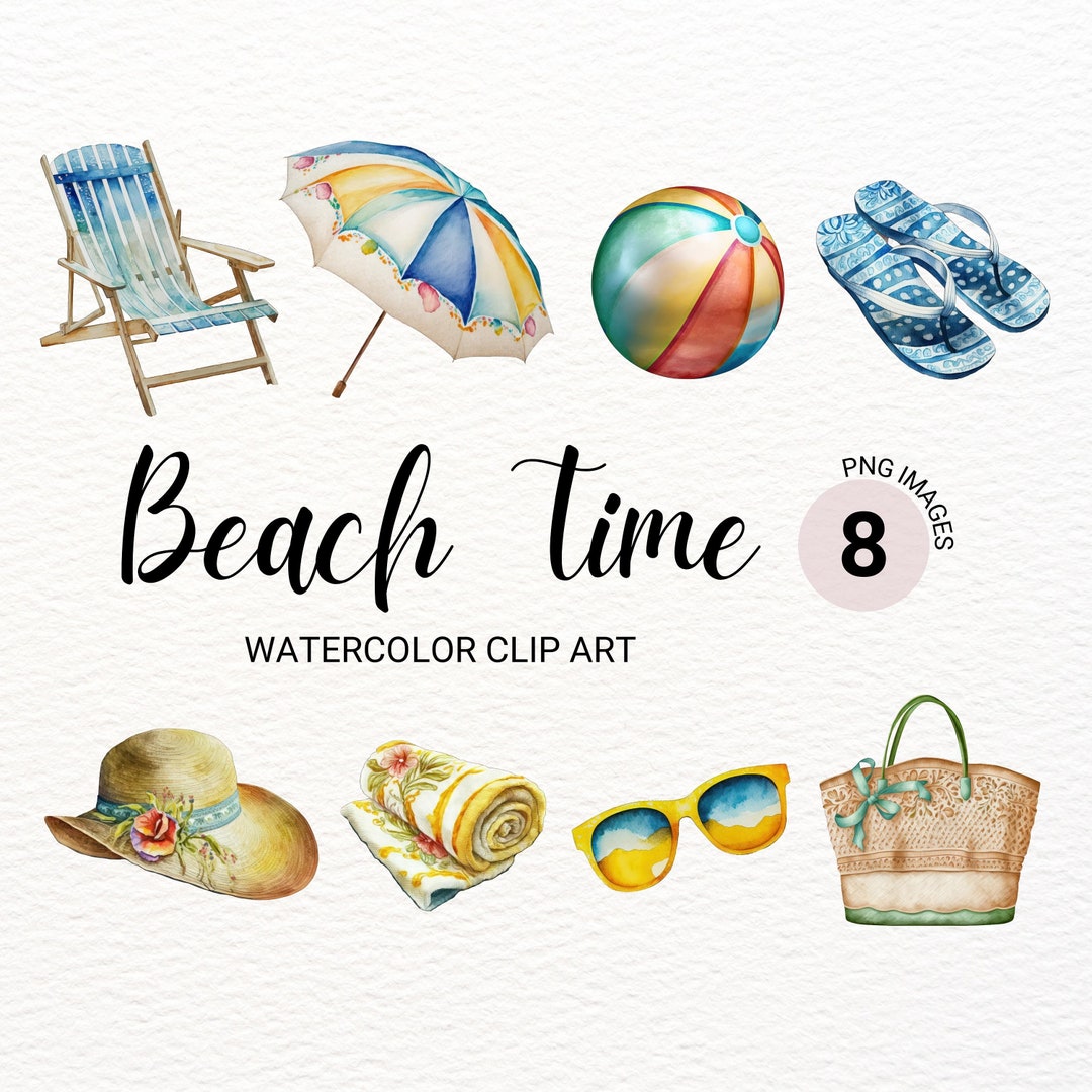 Beach Time Clipart | Watercolor Summer Clipart | Kawaii Clipart Bundle ...
