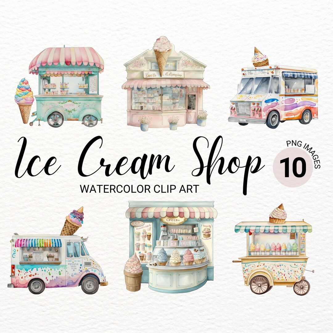 Cute Ice Cream Shop Clipart | Watercolor Ice Cream Clipart | Summer ...