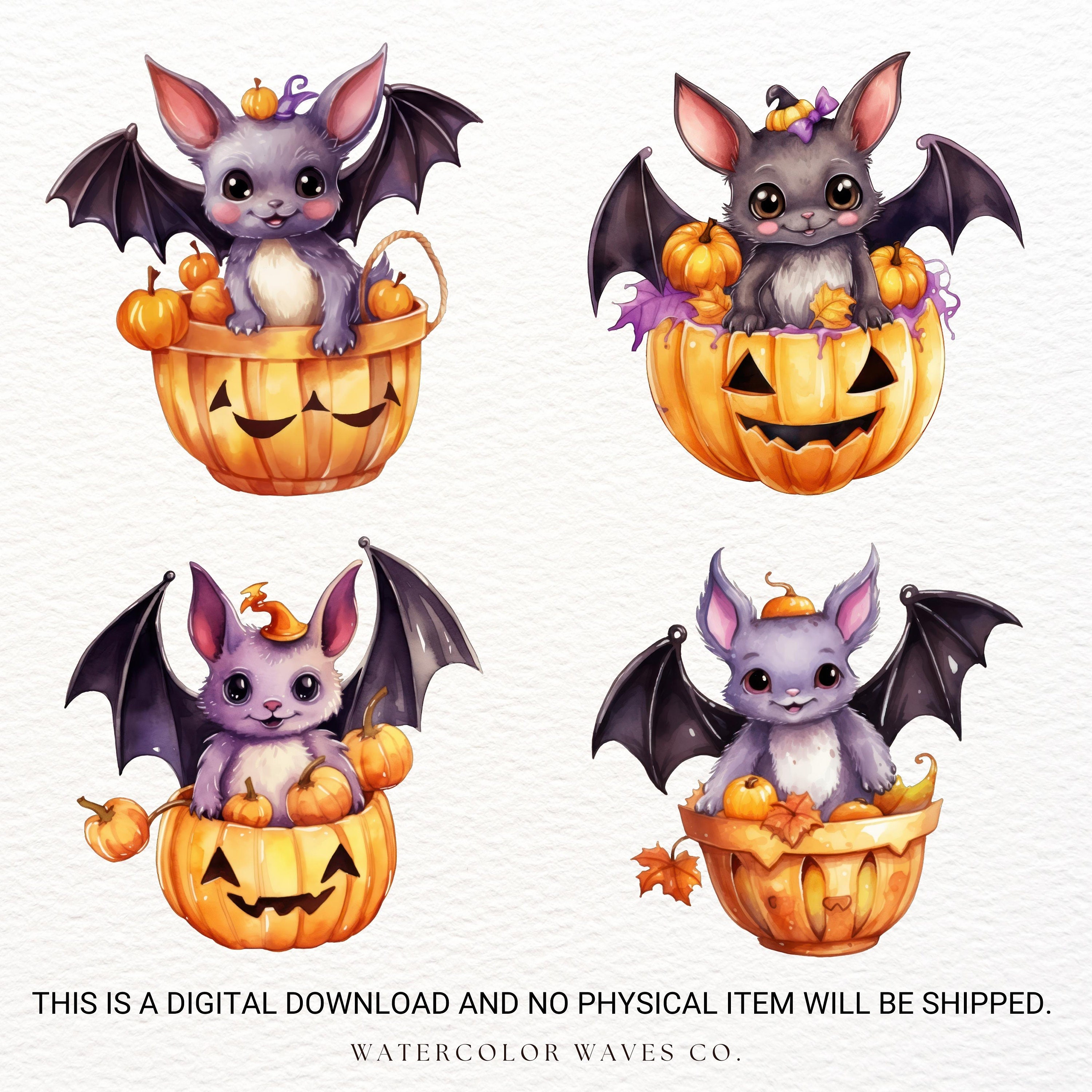 Cute Halloween Bat Clipart | Watercolor Bat PNG | Spooky Collage Images ...