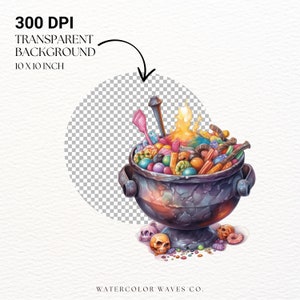 Cauldron With Candy Clipart | Watercolor Halloween PNG | Junk Journal ...