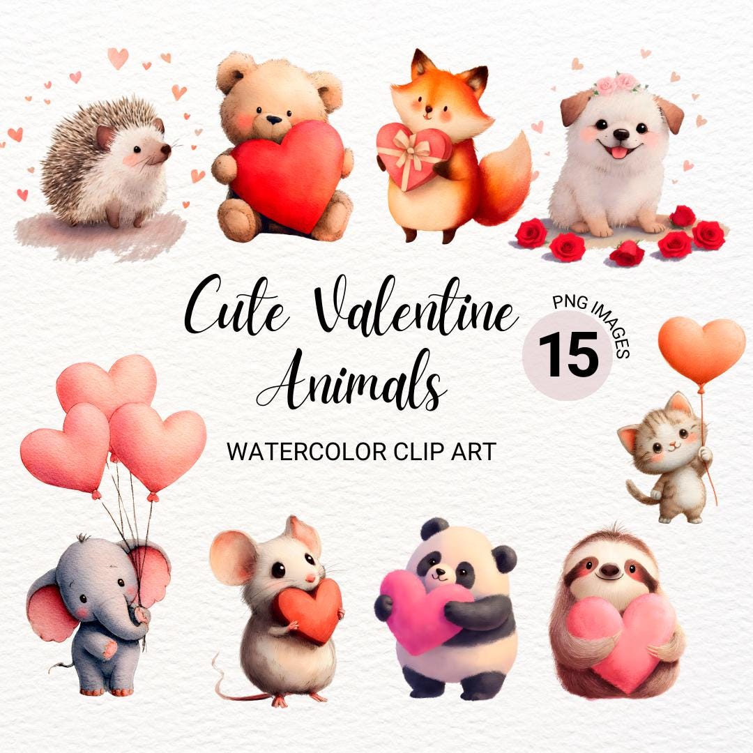 Cute Valentine Animals Watercolor Clipart | PNG Bundle | Valentine’s ...
