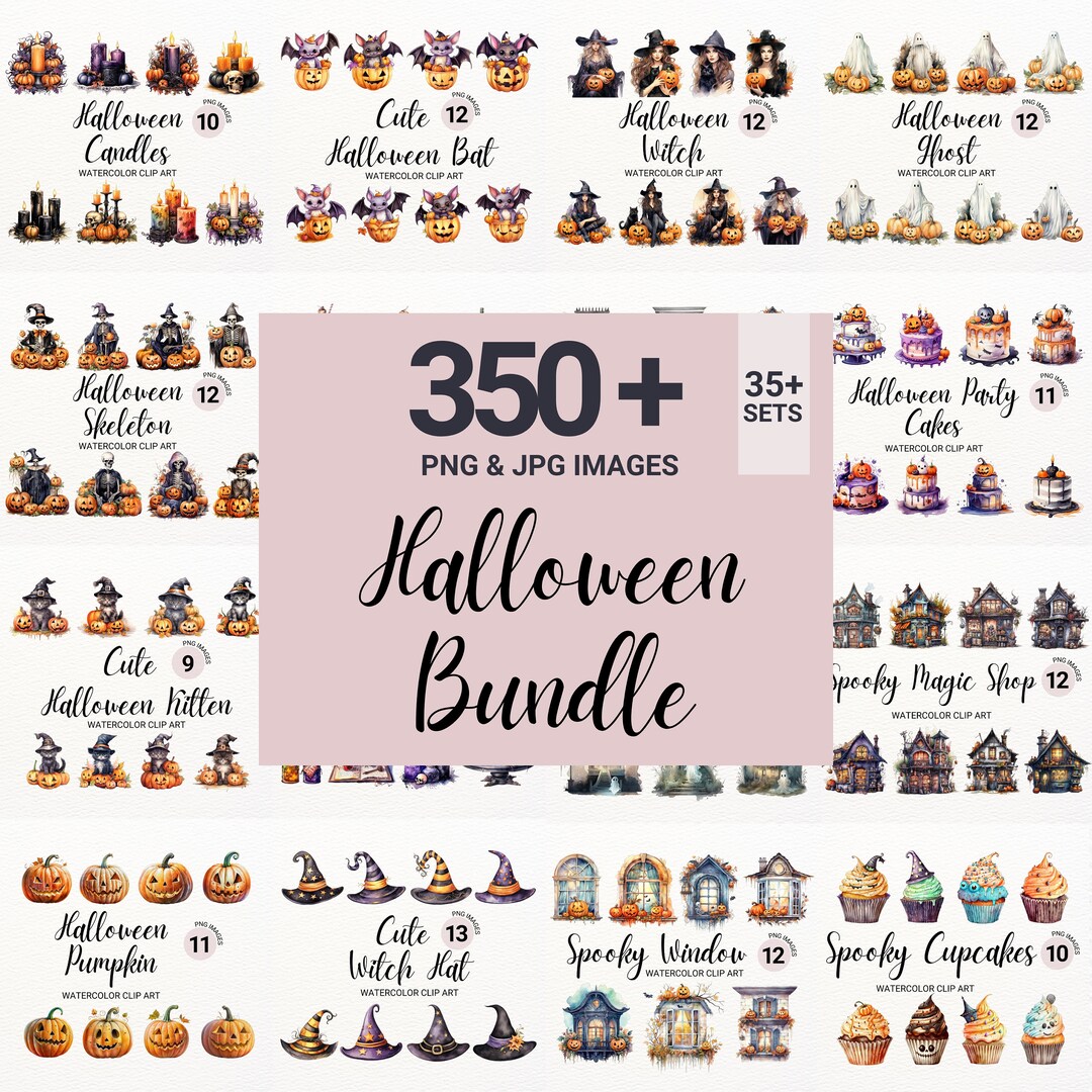 Halloween Clipart Mega Bundle | 350+ Watercolor Halloween PNG | Collage ...