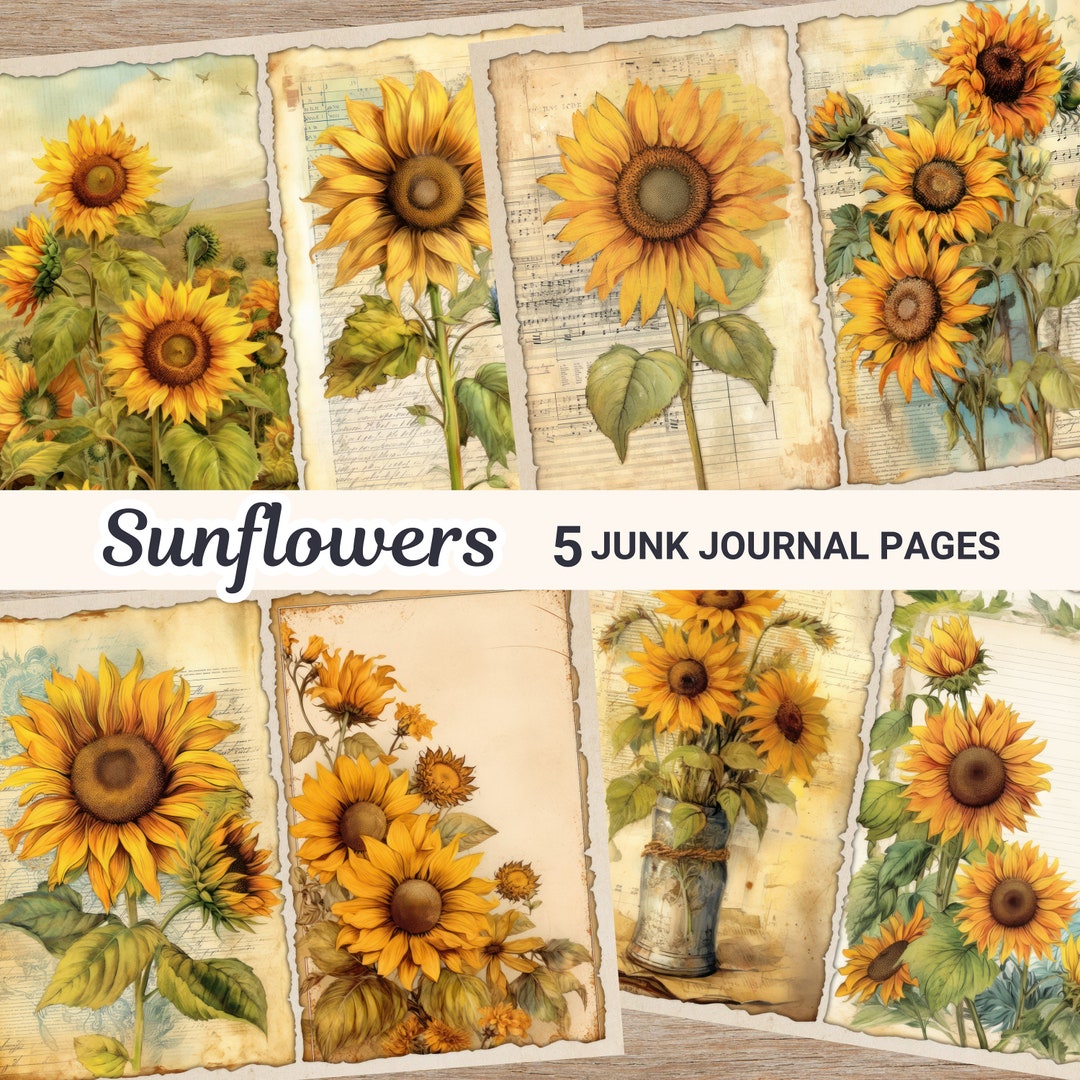 Watercolor Sunflowers Junk Journal Pages | Vintage Yellow Flowers ...