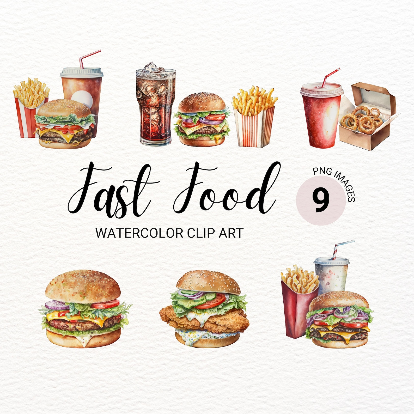 Watercolor Fast Food Clipart Burger and French Fries Clipart - Etsy
