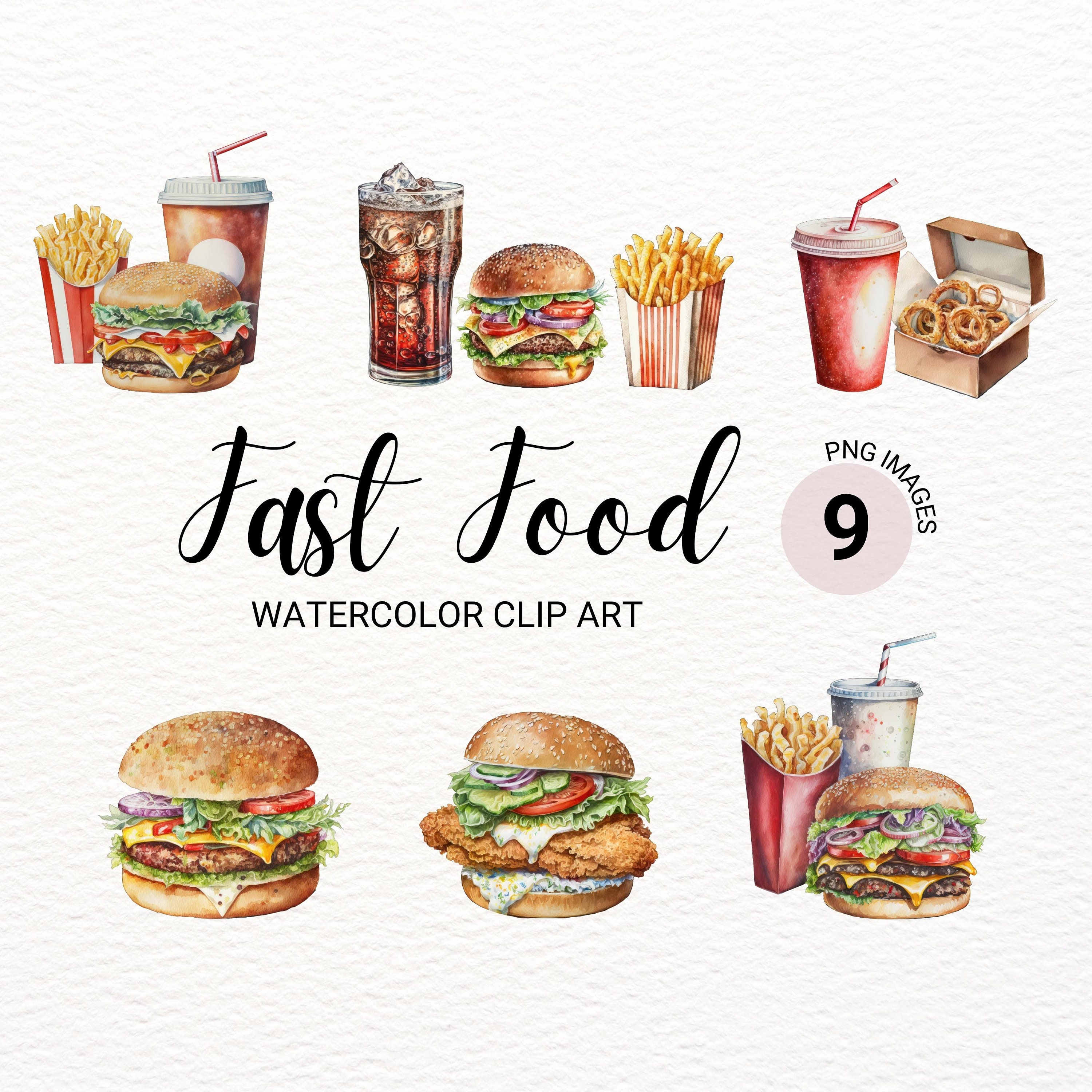Watercolor Fast Food Clipart Burger and French Fries Clipart - Etsy