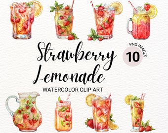 Watercolor Strawberry Lemonade Clipart Pink Lemonade PNG Bundle Drinks ...