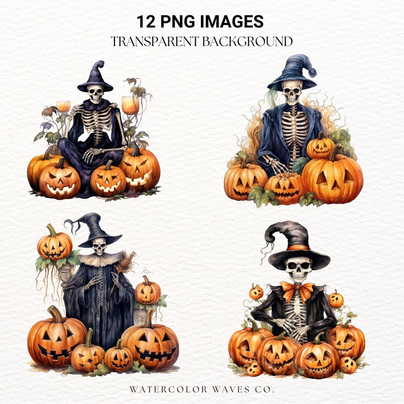 Spooky Skeleton Clipart | Watercolor Halloween PNG | Pumpkin Clipart ...