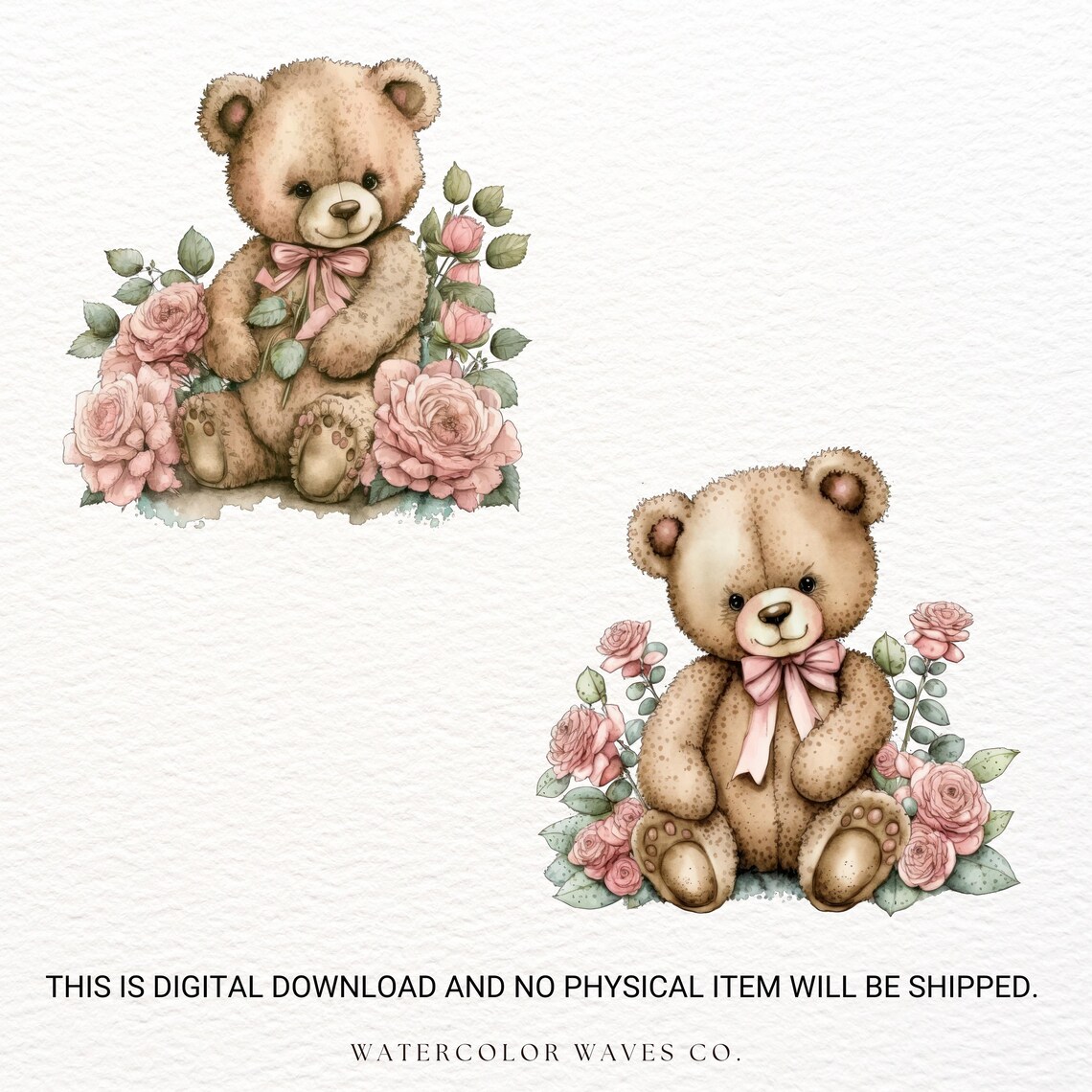 Teddy Bear With Roses Clipart | Watercolor Bear PNG | Nursery Wall Art ...