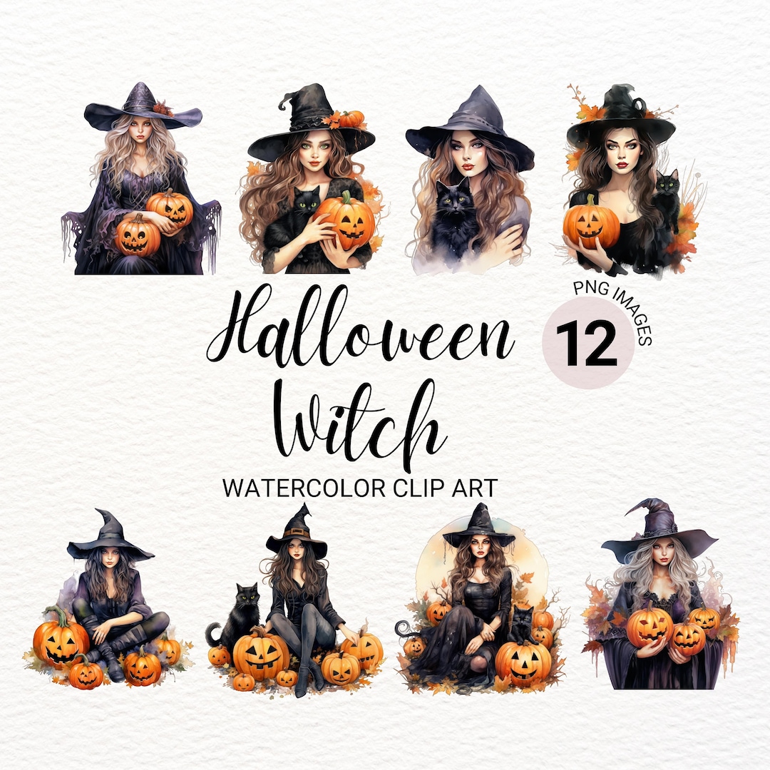Halloween Witch Clipart | Watercolor Cute Witch PNG | Digital Planner ...