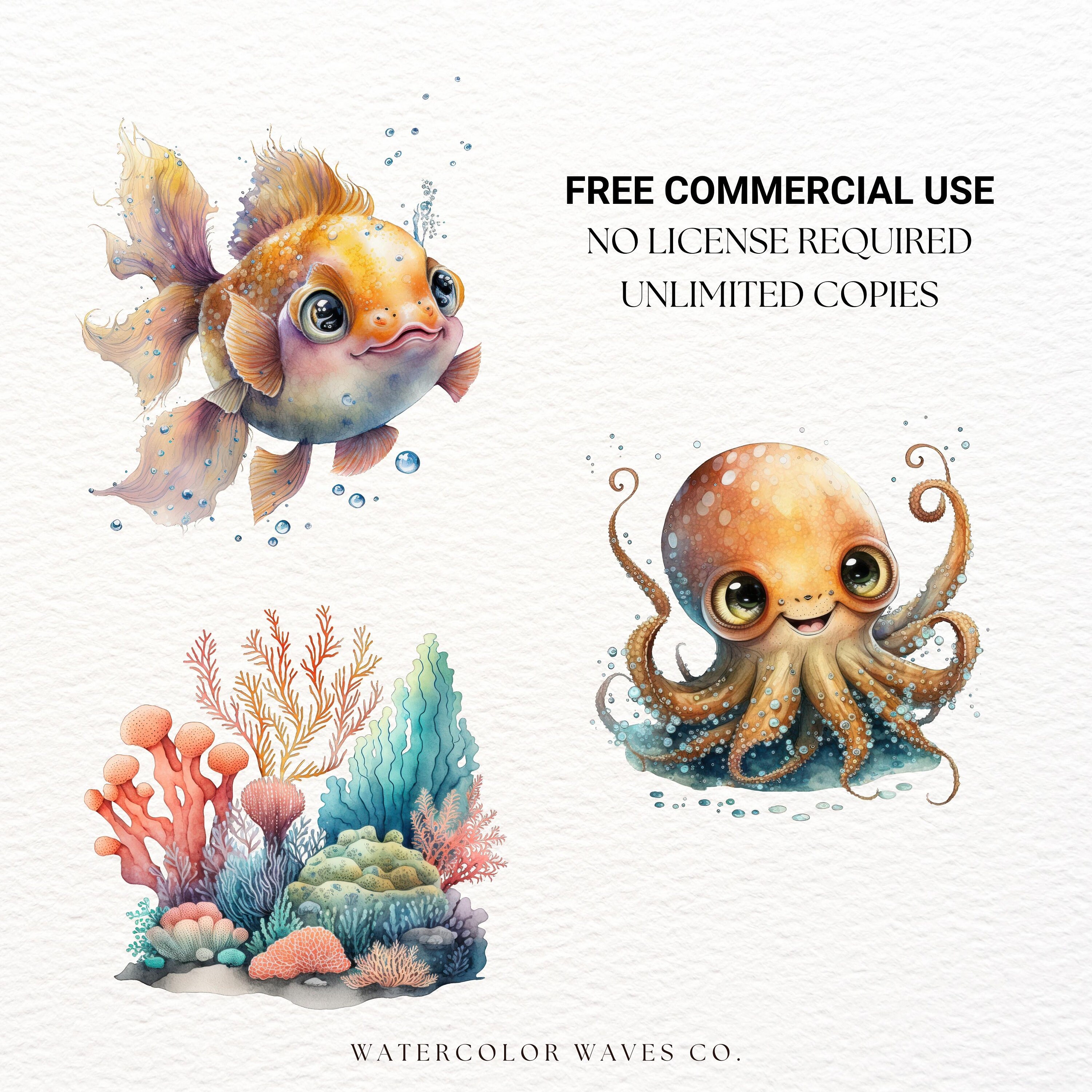 Baby Sea Animals Clipart | Watercolor Ocean PNG | Kawaii Summer Beach ...