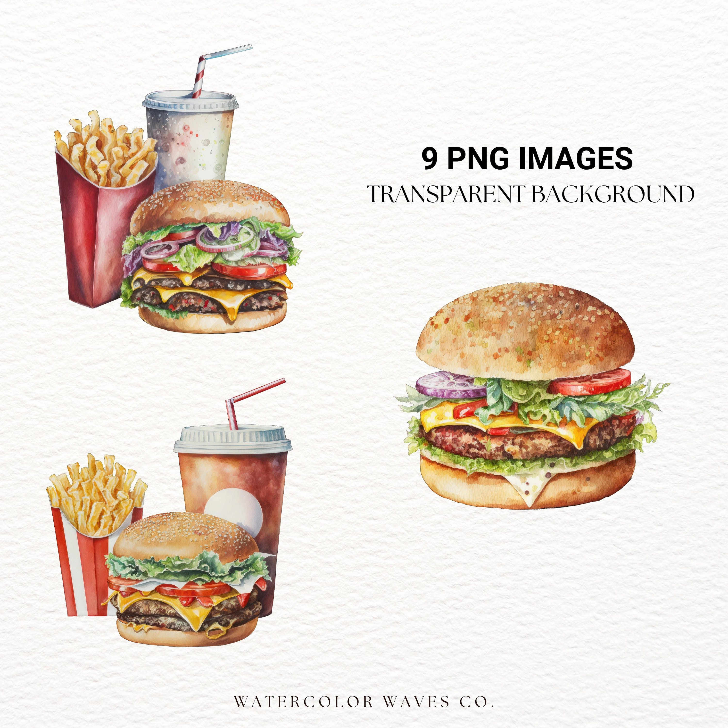 Watercolor Fast Food Clipart Burger and French Fries Clipart - Etsy