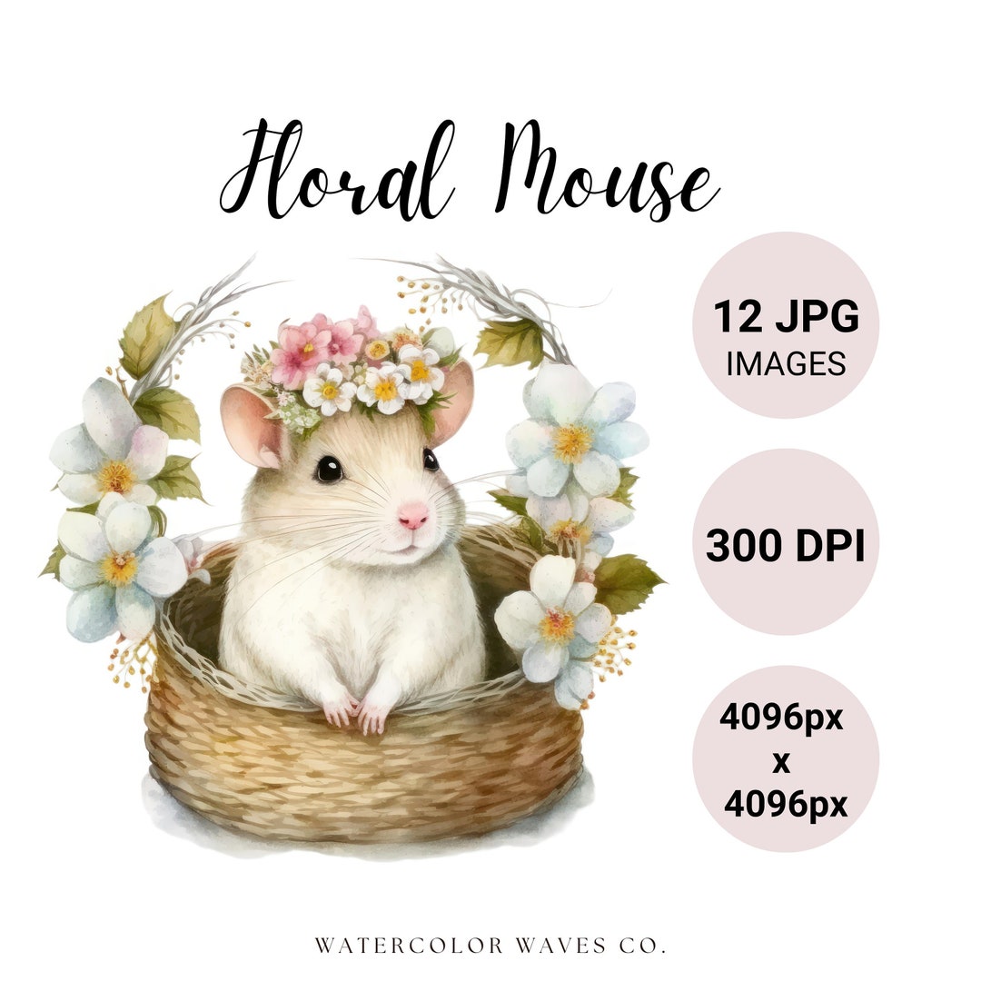 Cute Mouse With Flowers JPG | Watercolor Floral Mouse Clipart Bundle ...