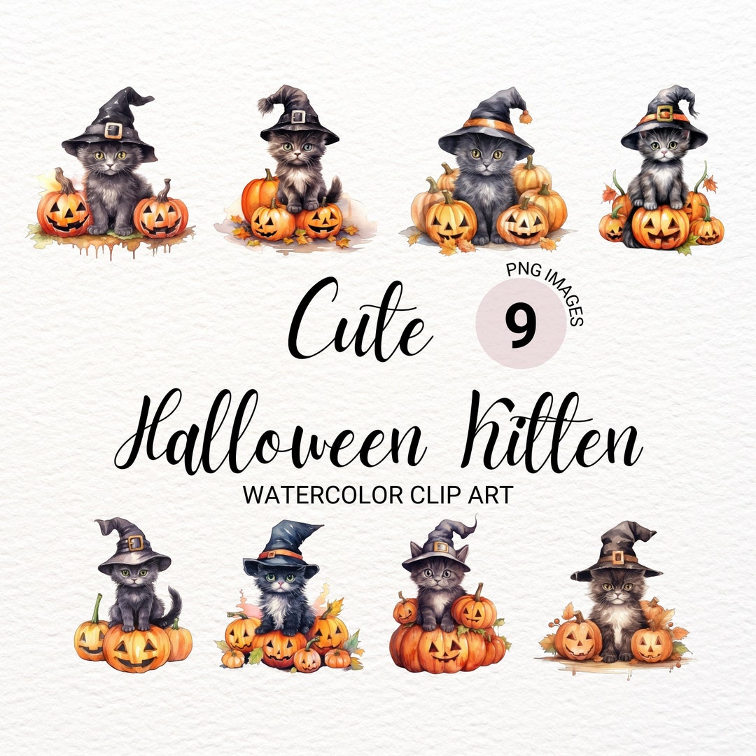 Cute Halloween Kitten Clipart | Watercolor Cat PNG | Spooky Collage ...